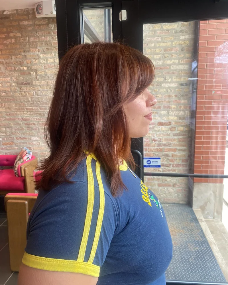 Copper Penny Layered Bob with Curtain Bangs | Sine Qua Non Salons ...