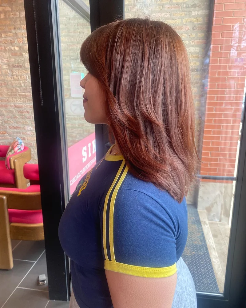 Copper Penny Layered Bob with Curtain Bangs | Sine Qua Non Salons ...