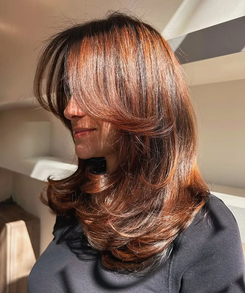 Copper Brunette Layered Haircut with Curtain Bangs | Little Lion Salon ...