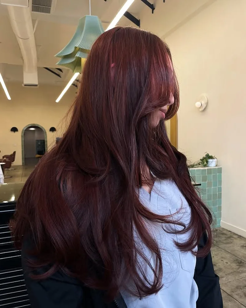 Mahogany Red Curtain Bangs | Mero Mero Salon | Los Angeles, California