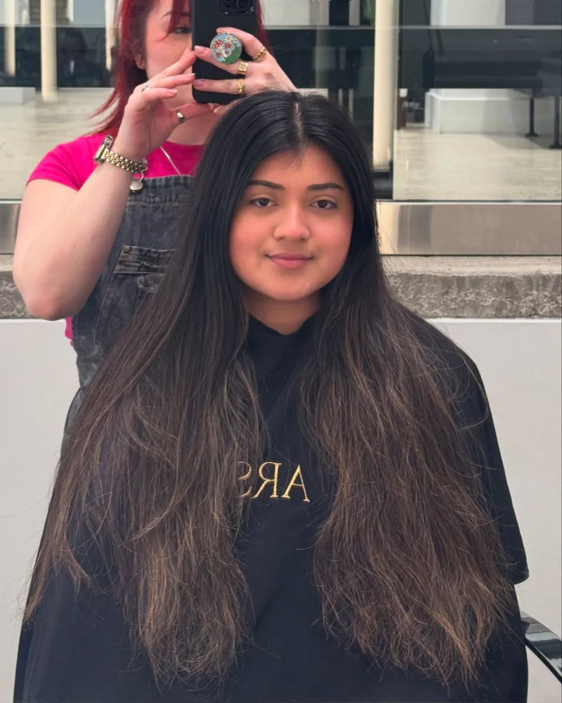 Brunette Balayage Waves with Curtain Bangs | Arsova Salon | Chicago ...