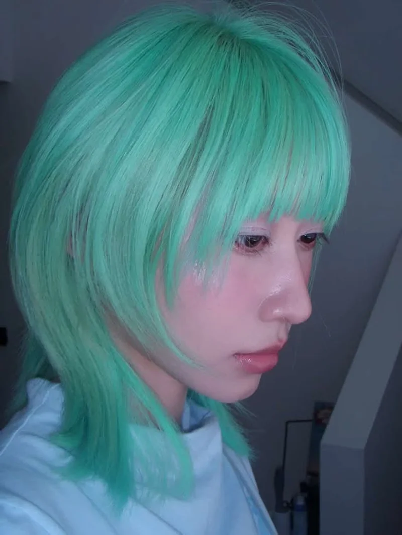 Mint Green Wolf Cut with Bangs | Theodora Hair Studio | Los Angeles ...