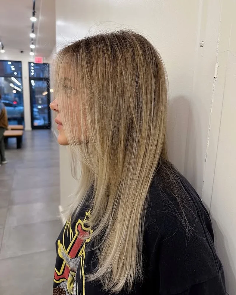 Long Blonde Layered Hair with Curtain Bangs | Little Lion Salon ...